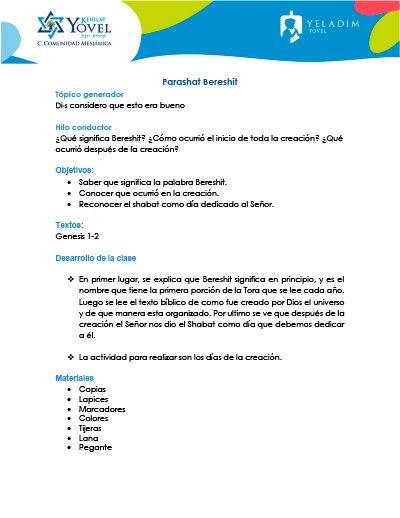 Parashat Bereshit – Kehilat Yovel
